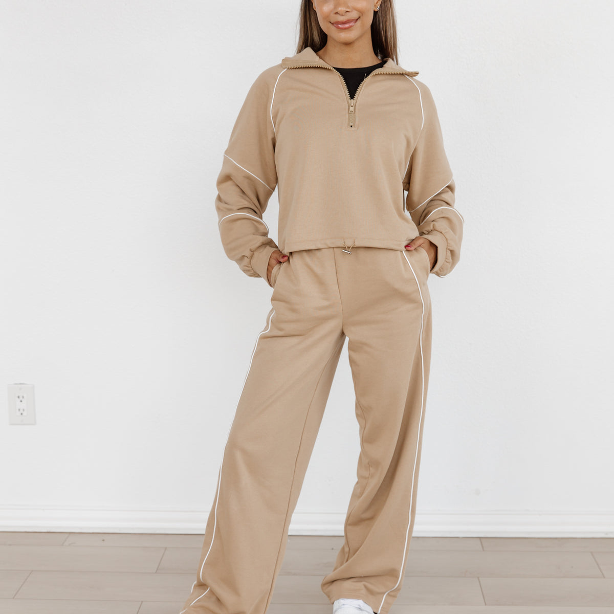SPORTY ELEGANCE: FRENCH TERRY TRACKSUIT IN TAN – Gameday Couture - SOHO