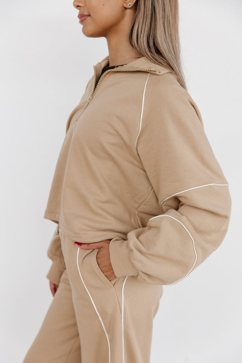 SPORTY ELEGANCE: FRENCH TERRY TRACKSUIT IN TAN – Gameday Couture - SOHO