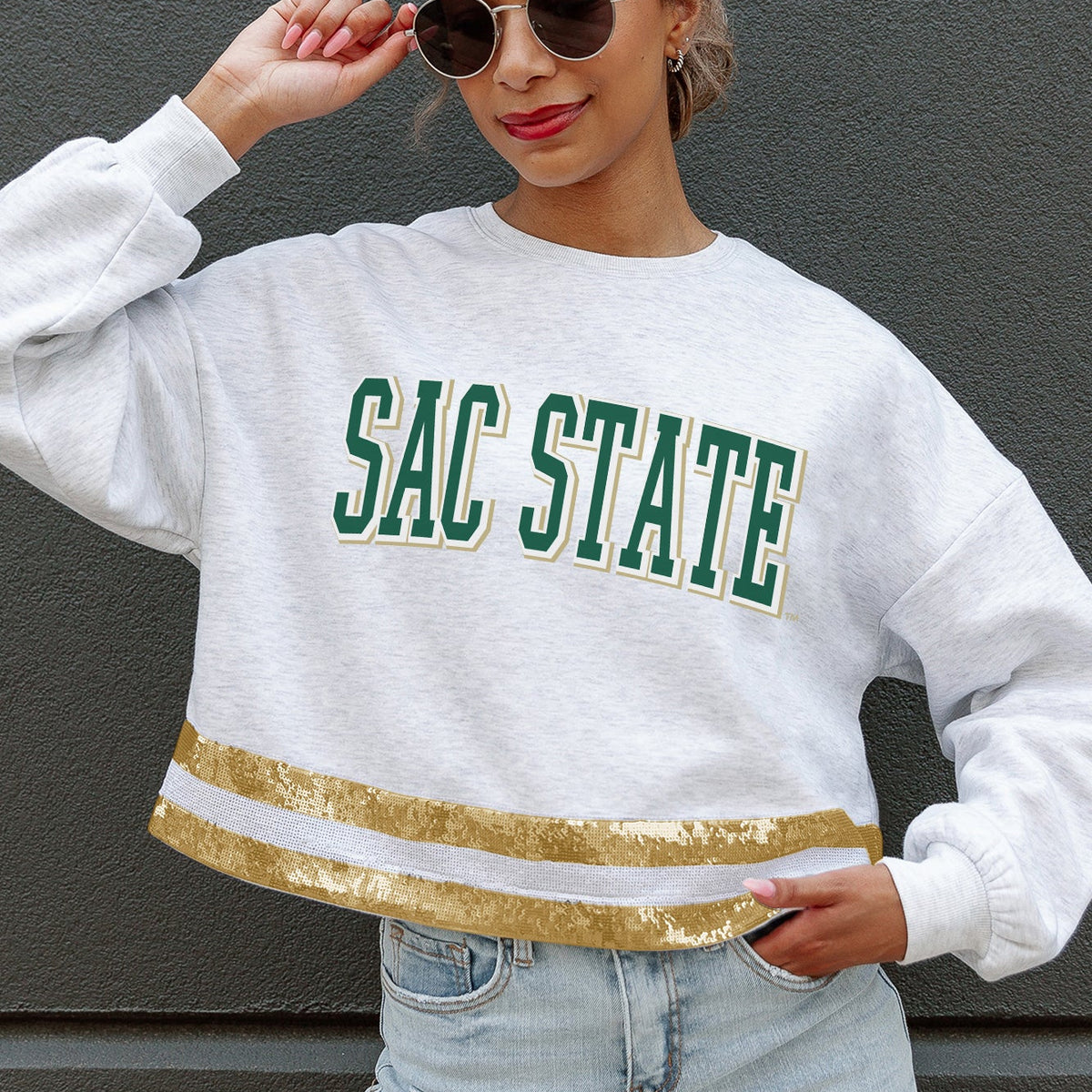 SACRAMENTO STATE HORNETS PASS THE SHINE SEQUIN TRIM MID-CROP SWEATSHIR ...