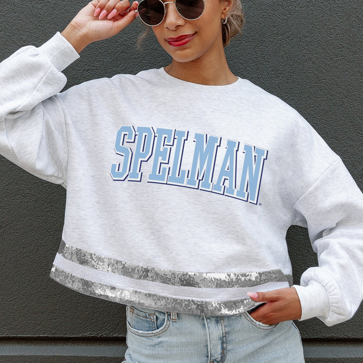 SPELMAN COLLEGE JAGUARS PASS THE SHINE SEQUIN TRIM MID-CROP SWEATSHIRT ...