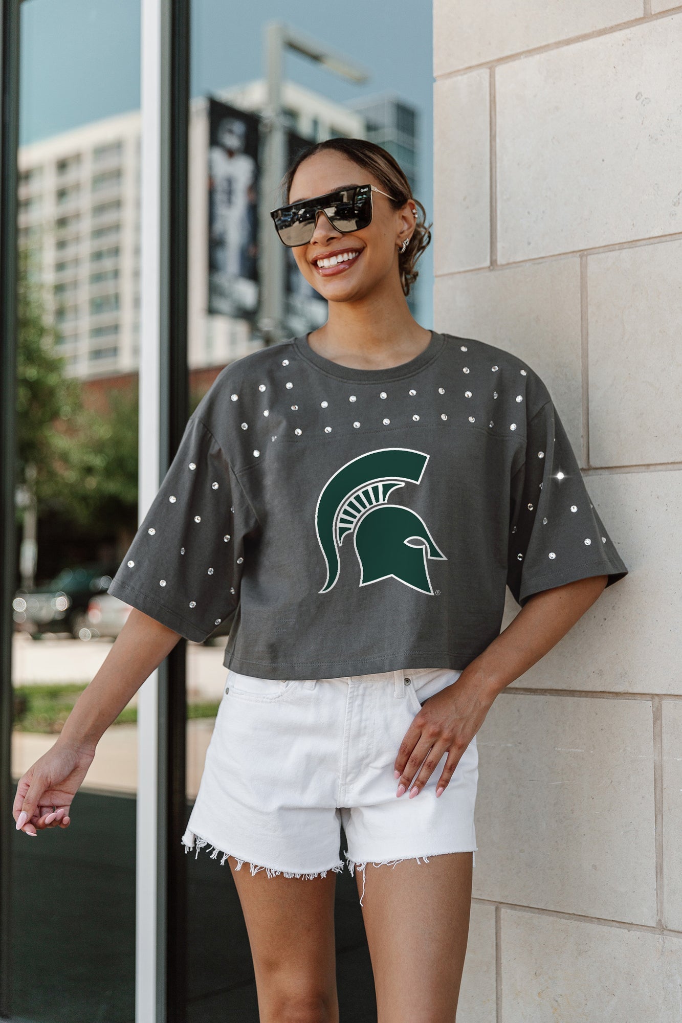 MICHIGAN STATE SPARTANS Making Moves Rhinestone Crop Tee With Yoke ...