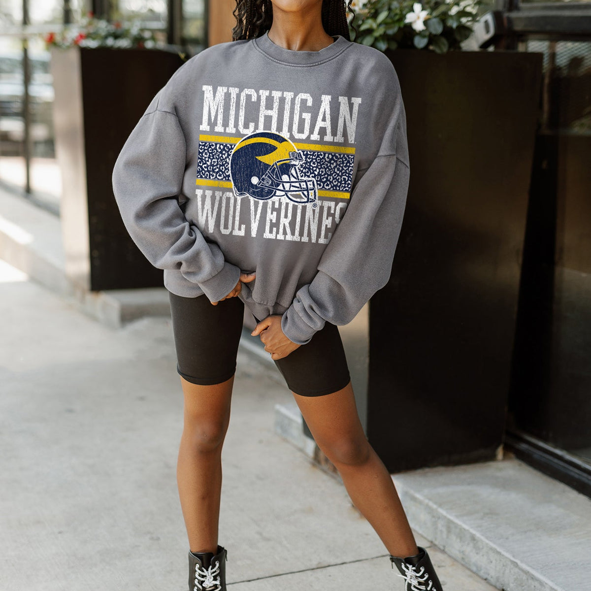 MICHIGAN WOLVERINES IN THE WILD VINTAGE WASH CREWNECK FLEECE WITH RIBB ...